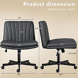 LEMBERI Armless Office Desk Chair with Wheels,Faux Leather Cross Legged Wide Chairs, Mid Back Swivel Computer Task Chairs for Home Office,Make Up,Small Space,Bed Room, Grey