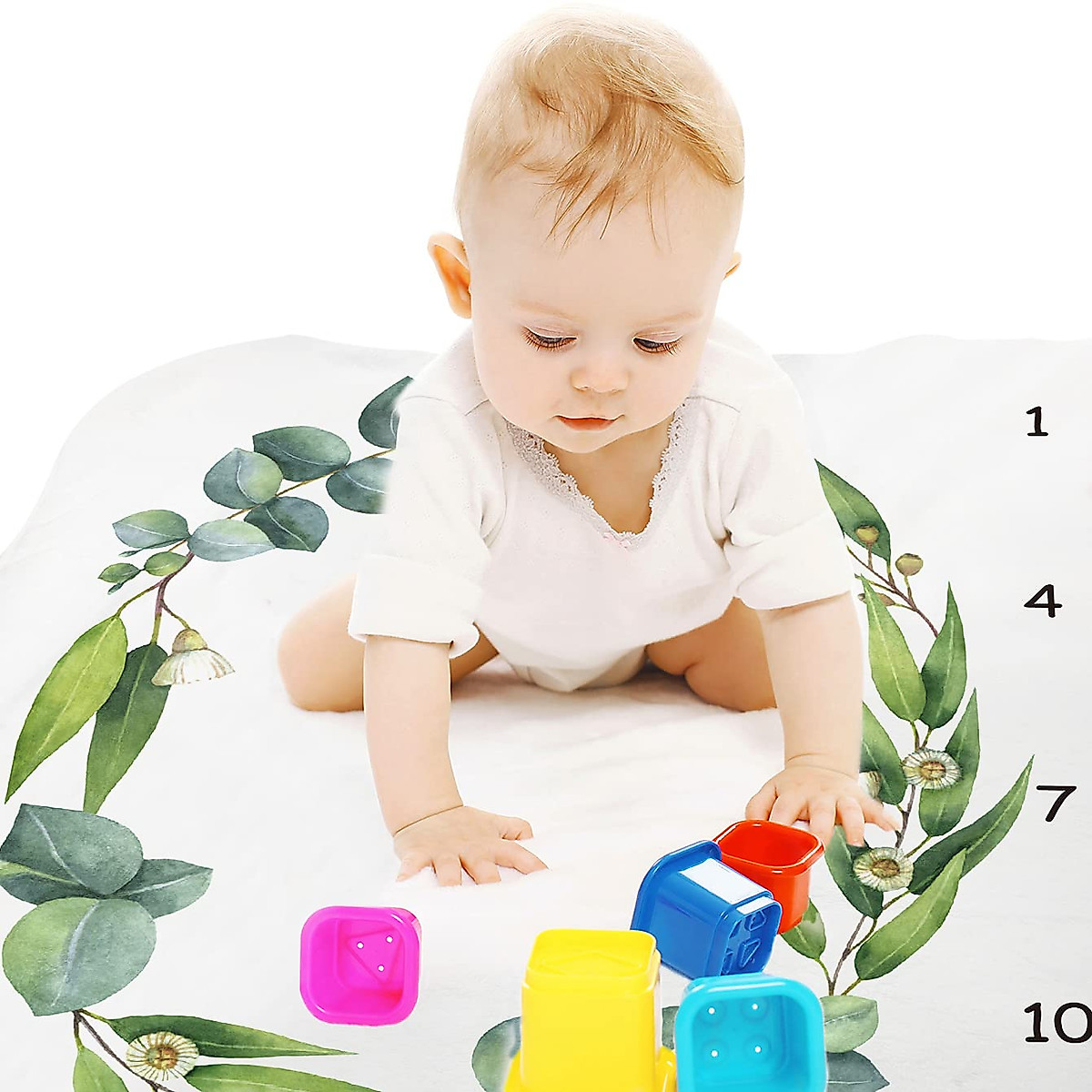 Baby Monthly Milestone Blanket Twins - Newborn Month Blanket Unisex Neutral Personalized Shower Gift Leaf Nursery Decor Photography Background Prop with Wooden Wreath Large 51''x40''