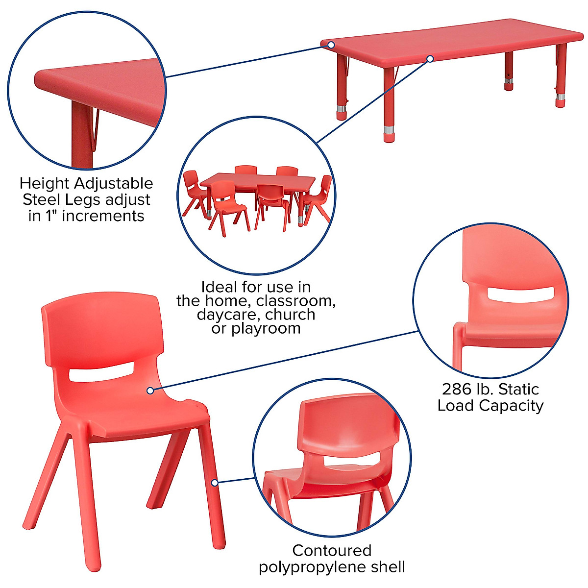 EMMA + OLIVER 24" W x 48" L Red Plastic Adjustable Activity Table Set-6 Chairs