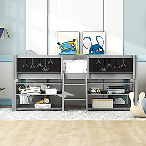 CITYLIGHT Low Loft Bed Twin with Two Movable Shelves and Ladder, Junior Loft Bed with Decorative Guardrail Chalkboard, Wood Kids Loft Bed for Girls Boys,Grey