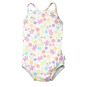 i play. by green sprouts baby girls One-piece Swimsuit With Built-in Reusable and Toddler Swim Diaper, White Turtle Floral, 6-12 Months US