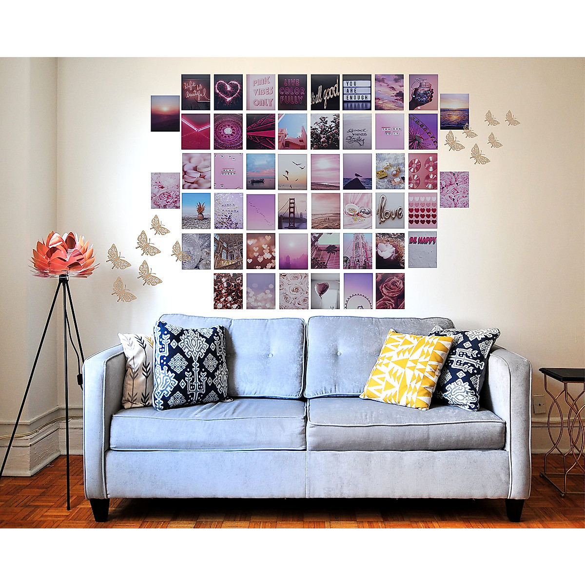 Elevation Art Photo Collage Kit for Wall Aesthetic, 55 Photos and 12 3D Butterfly Stickers. Peaceful Pink and Blue Room Decor for Teen Girl Room Decor and Dorm Rooms.