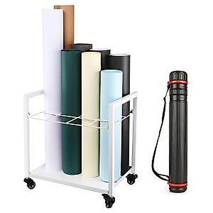 ONULISS Blueprint Holder Cart with Poster Tube, 12 Slots Rolling File Cart, Construction Paper Organizer on Wheels, Blueprint Storage Rack for Wrapping Paper, Office Organization and Storage