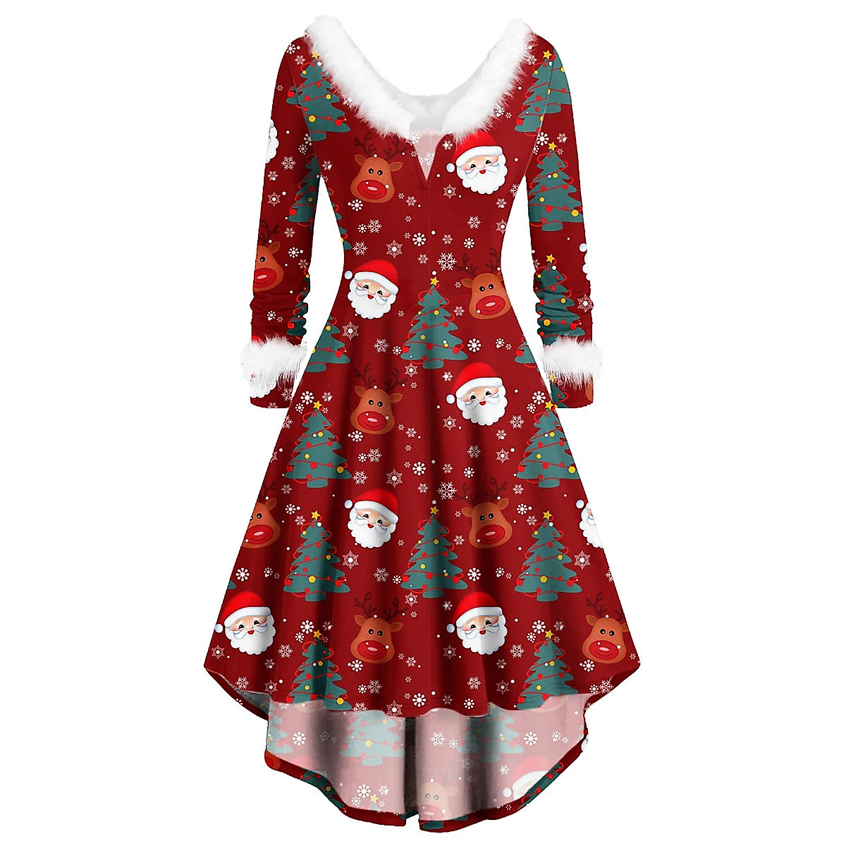 Red Dresses for Women Sexy Santa Christmas Printed Midi Dresses Furry V-Neck A-Line Swing Party Dress Cosplay Costume