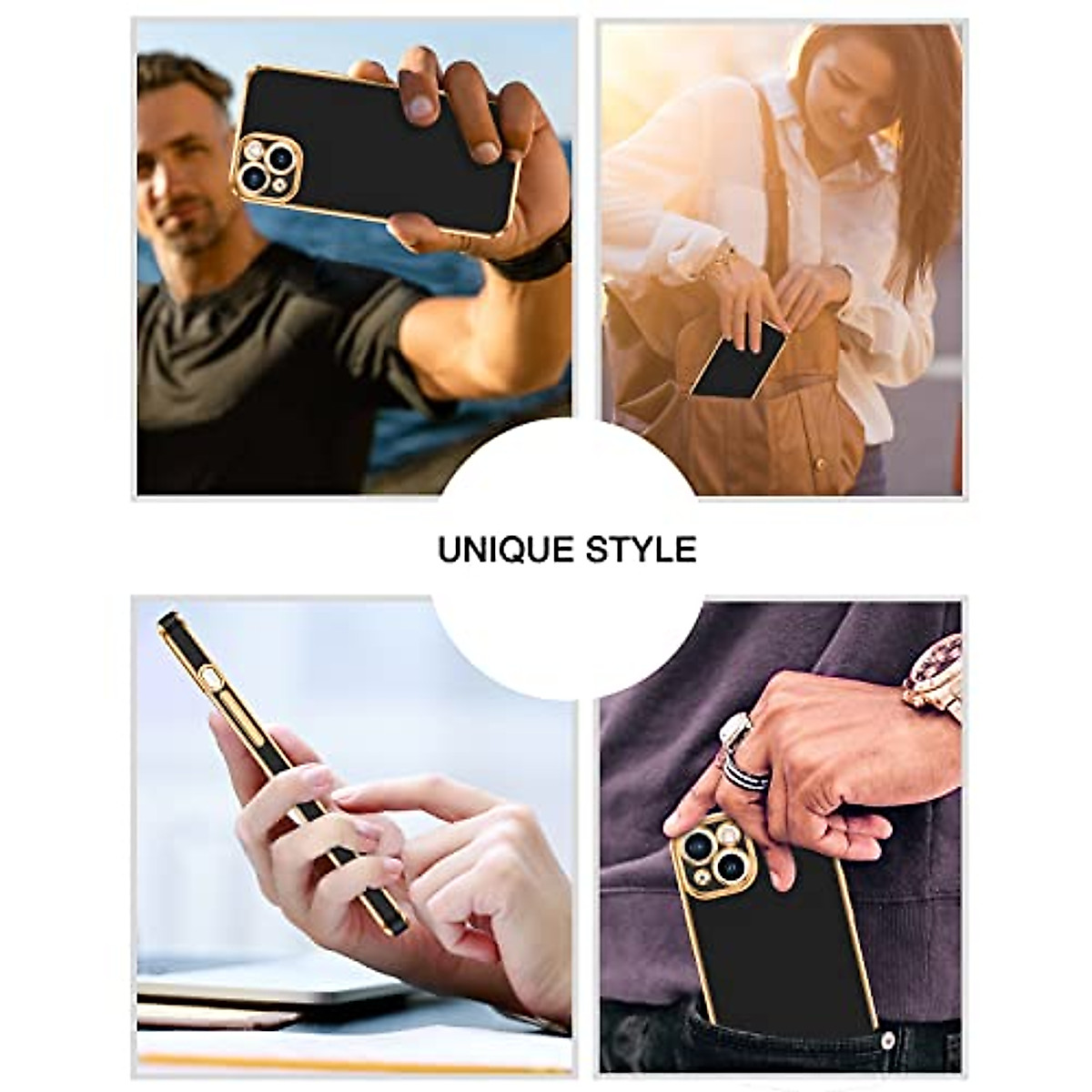 BENTOBEN Compatible with iPhone 13 Case, Slim Luxury Electroplated Bumper Women Men Girl Protective Soft Case Cover with Strap for iPhone 13 6.1 inch,Black/Gold