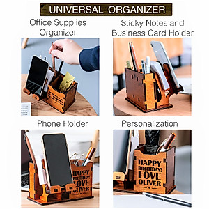 Personalized Wooden Pen Holder for Desk with Cell Phone Holder Wood Desk Organizer Pencil Holder Coworker Gifts Boss Leader Colleague Friends Office Organization Employee Appreciation Gifts