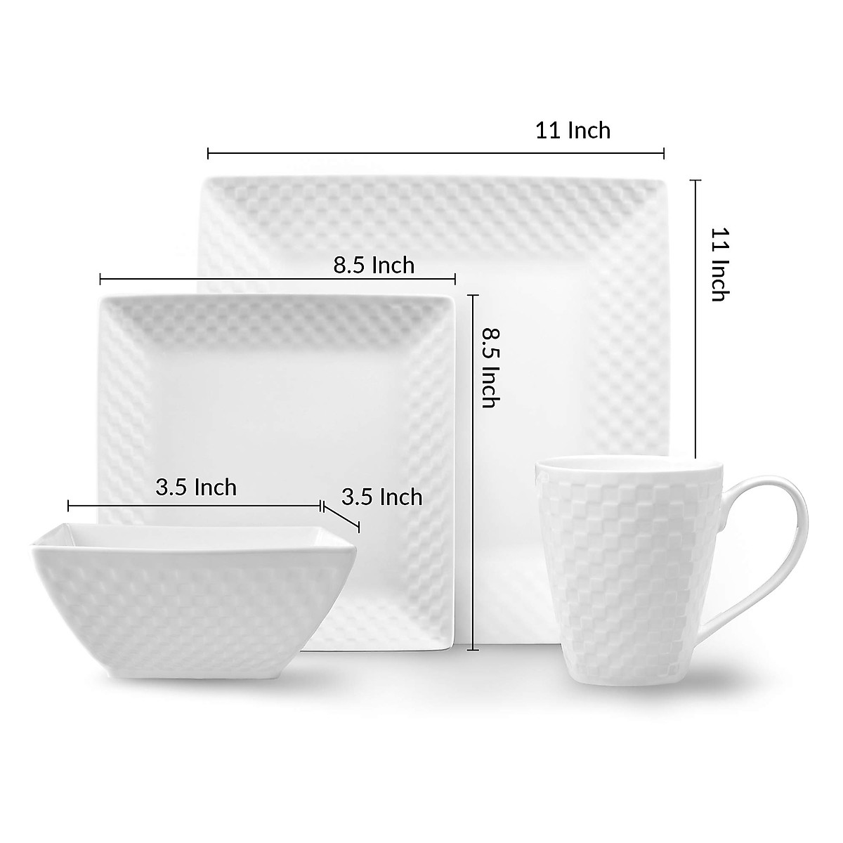 32 Pc. Square Basketweave Porcelain Dishes Set – White Dinner Plates, Bowls, Coffee Cups