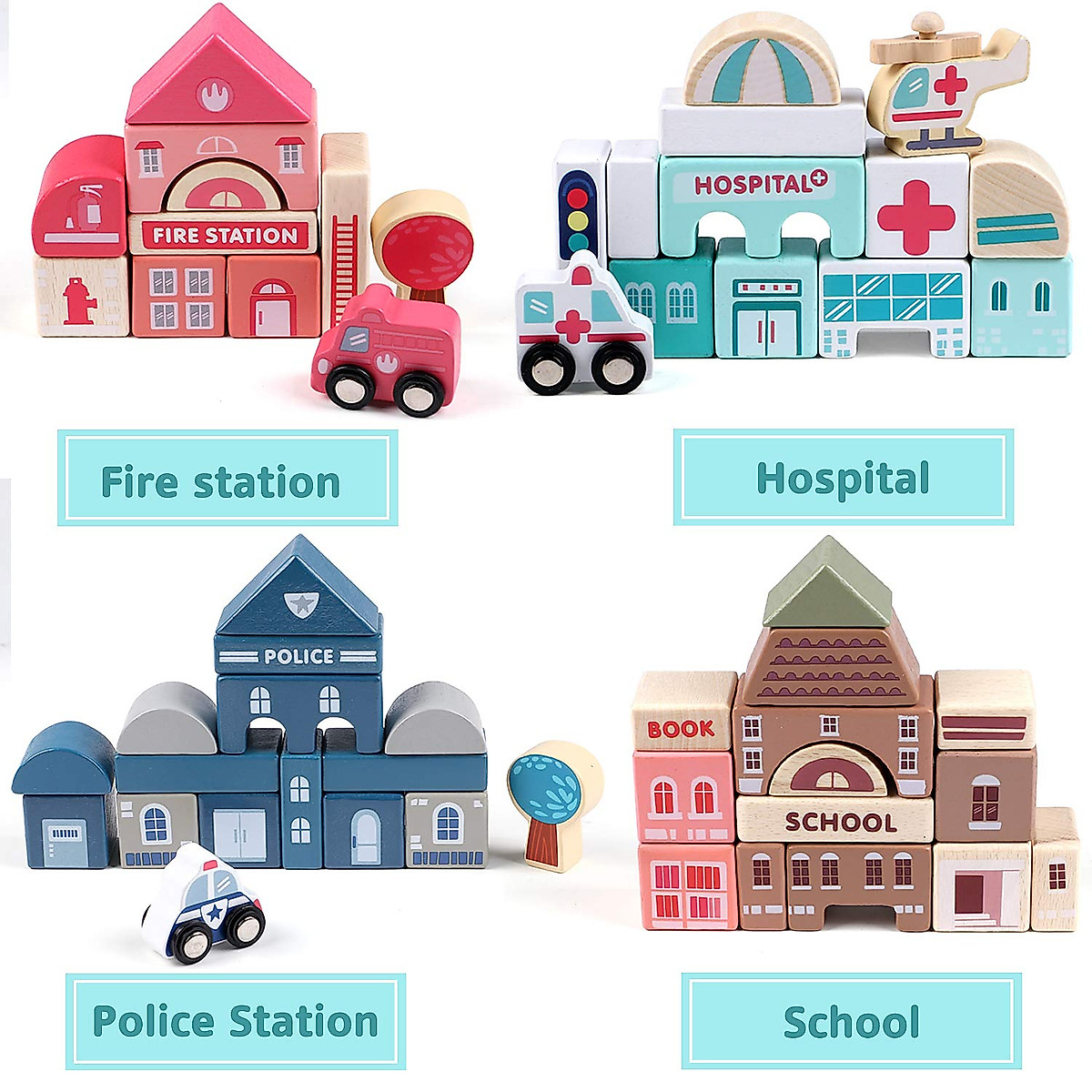 Lewo 115 PCS Wooden Building Blocks with City Map Construction Building Sets City Building Blocks Stacking Blocks Preschool Educational Learning Toys for 3 4 5 6 Years Old Kids Boys Girls Children