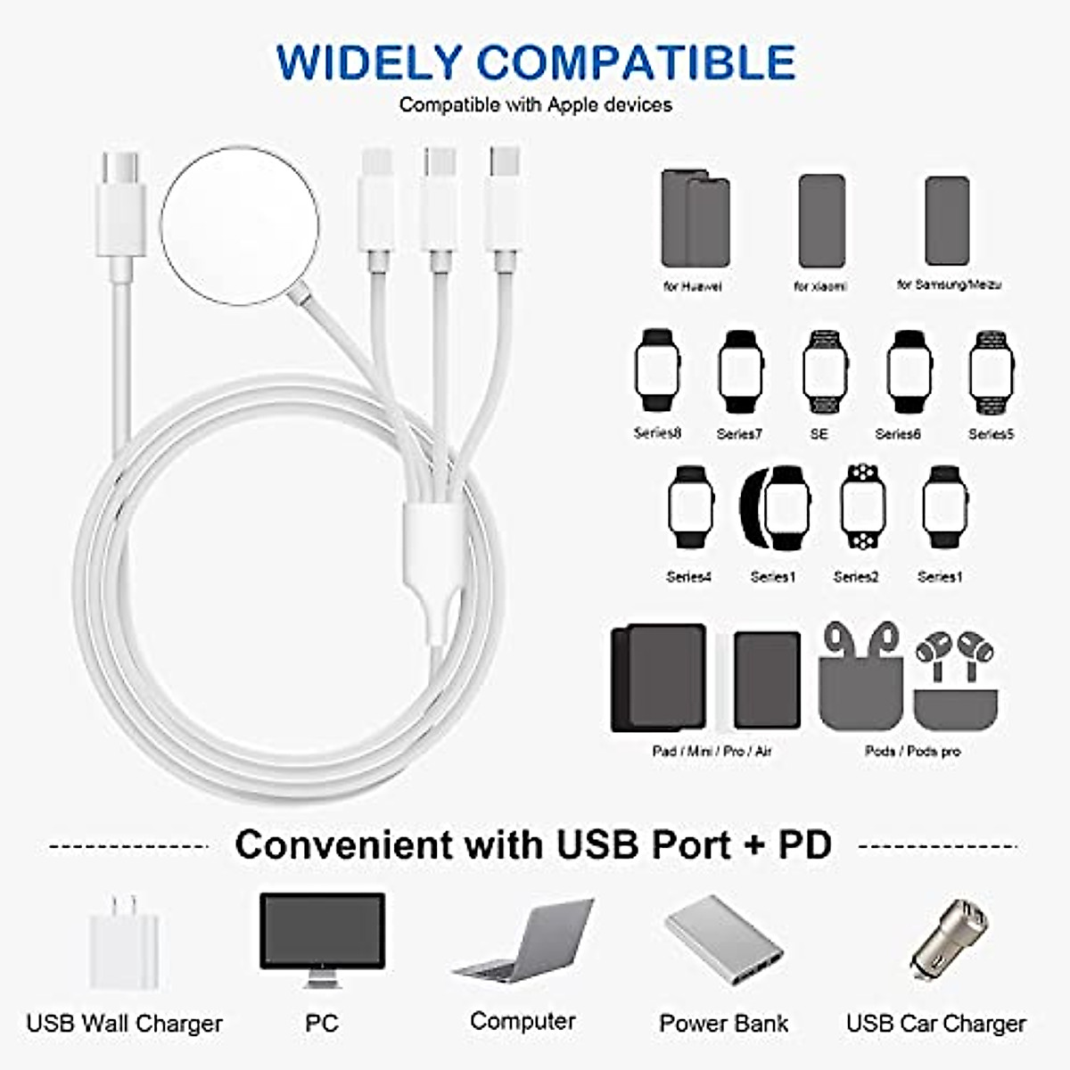 USB C Watch Charger 4 in 1 Portable Type C Charging Cable Compatible with Apple Watch iwatch Ultra Series Ultra/SE/8/7/6/5/4/3/2/1 and Compatible with iPhone,Galaxy,Pixel,Android (4ft/1.2M)
