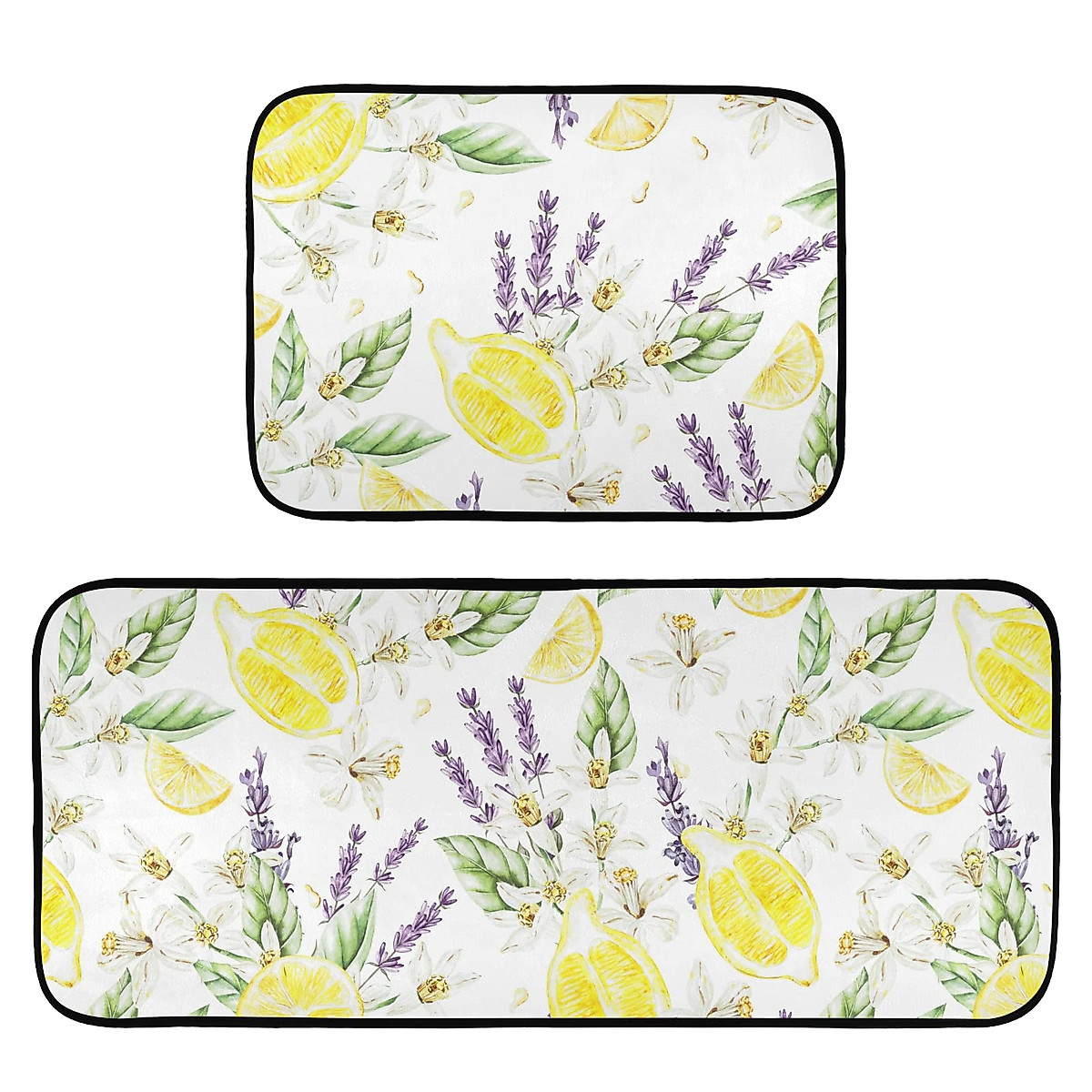 Lemon Fruits Flowers Lavender Kitchen Mat Set of 2 Anti-Fatigue Kitchen Rug Set Washable Foam Cushioned Non Slip Kitchen Runner Rugs and Mats Comfort Standing Mat for Floor Home Decor Doormat