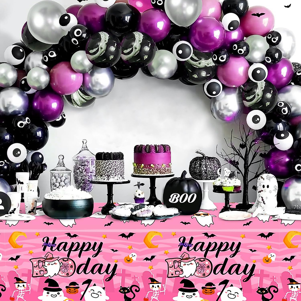 LARRAZABAL 3Pcs Happy Boo Day Tablecloth, Pink Halloween Plastic Tablecloth Disposable Ghost Theme Table Cover for Halloween Birthday Party Supplies, 54 x 108 Inch