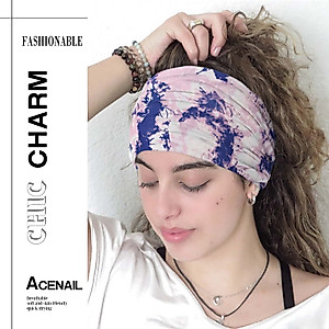 Acenail Wide Headbands 4 Pack (Tie Dye B, Leopard, Floral Workout Head Bands, Cotton Hair Scarfs) for Women and Girls - Knotted Turban, Boho, Yoga, Sweatbands Hair Accessories