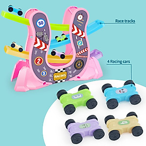 Toys Car Ramp Racer Toy Vehicle Track Set for Toddler 1 2 3 Year Old Boys Girls Gifts,Garage Playset with 4 Mini Racers & Building Parking Lot, Pink