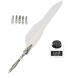 Vikye Quill Pen, English Calligraphy Retro Feather Quill Dip Pen Fountain Pen Sign Pen Set Stationery Gift (White)