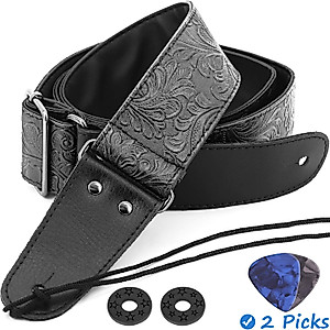 Guitar Strap, Printed Leather Guitar Strap PU Leather Western Vintage 60's Retro Guitar Strap with Genuine Leather Ends for Electric Bass Guitar,Wide Adjustment Range, with Tie,Include 2 Picks,Black