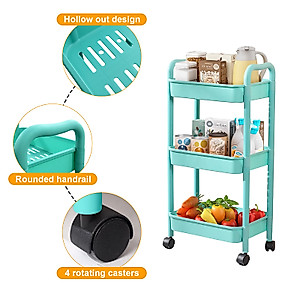 3 Tier Utility Rolling Cart with Handle, Multifunctional Storage Organizer Rolling Carts with Wheels for Bathroom Office Living Room (Green)