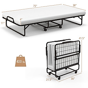 GORELAX Folding Bed with Mattress for Adults, Twin Size Small Portable Bed Set w/Metal Bed Frame & 4” Memory Foam Mattress, Foldable Bed Sleeping Cot Bed on Lockable Wheels, Rollaway Guest Bed