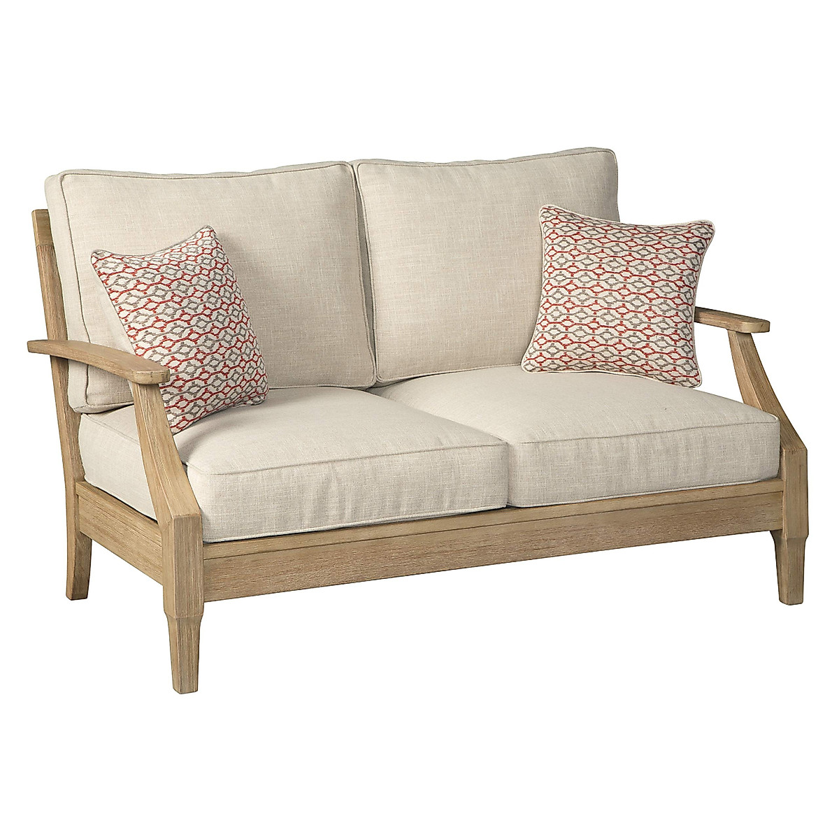 Signature Design by Ashley Clare View Coastal Outdoor Patio Eucalyptus Loveseat with Cushions, Beige