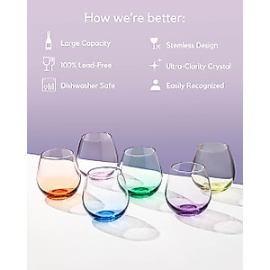 ColoVie 15 oz Stemless Wine Glasses Set of 6, Large Colored Wine Glasses, Short Wine Glass Set for Red Wine, White Wine, No Stem Margarita Glasses