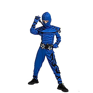 Spooktacular Creations Ninja Costume for Boys, Blue Ninja Kungfu costume for Kids Halloween Dress Up Party, Role Playing, L