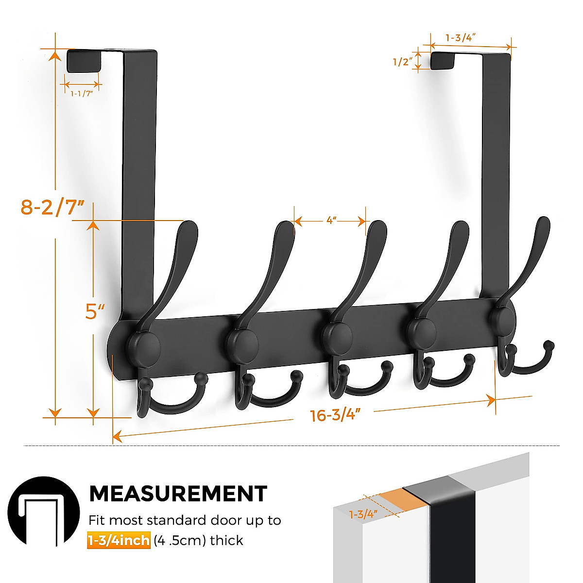 Ravinte Over The Door Hooks, 1 Pack Over The Door Hanger with 5 Coat Hooks for Hanging Clothes, Over The Door Towel Racks for Bathroom Heavy Duty, Black