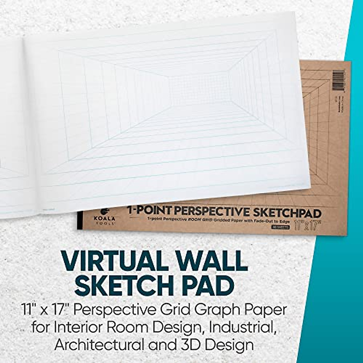 Koala Tools - 40-Page Large Drawing Pad for 1-Point Perspective Drawing, Sketch Pad with Grid Graph Paper for Interior Room Design, Industrial, Architectural and 3D Design, 11 x 17 inches