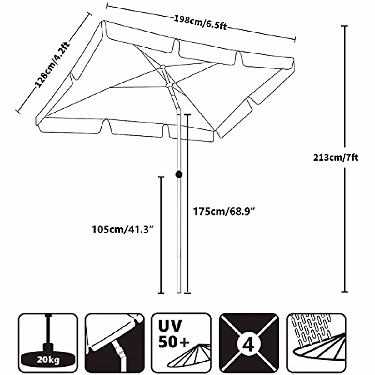 AMMSUN 6.5 x 4.2ft Rectangular Patio Umbrella Outdoor Market Table Umbrella Steel Pole and Ribs Push Button Tilt, Maroon