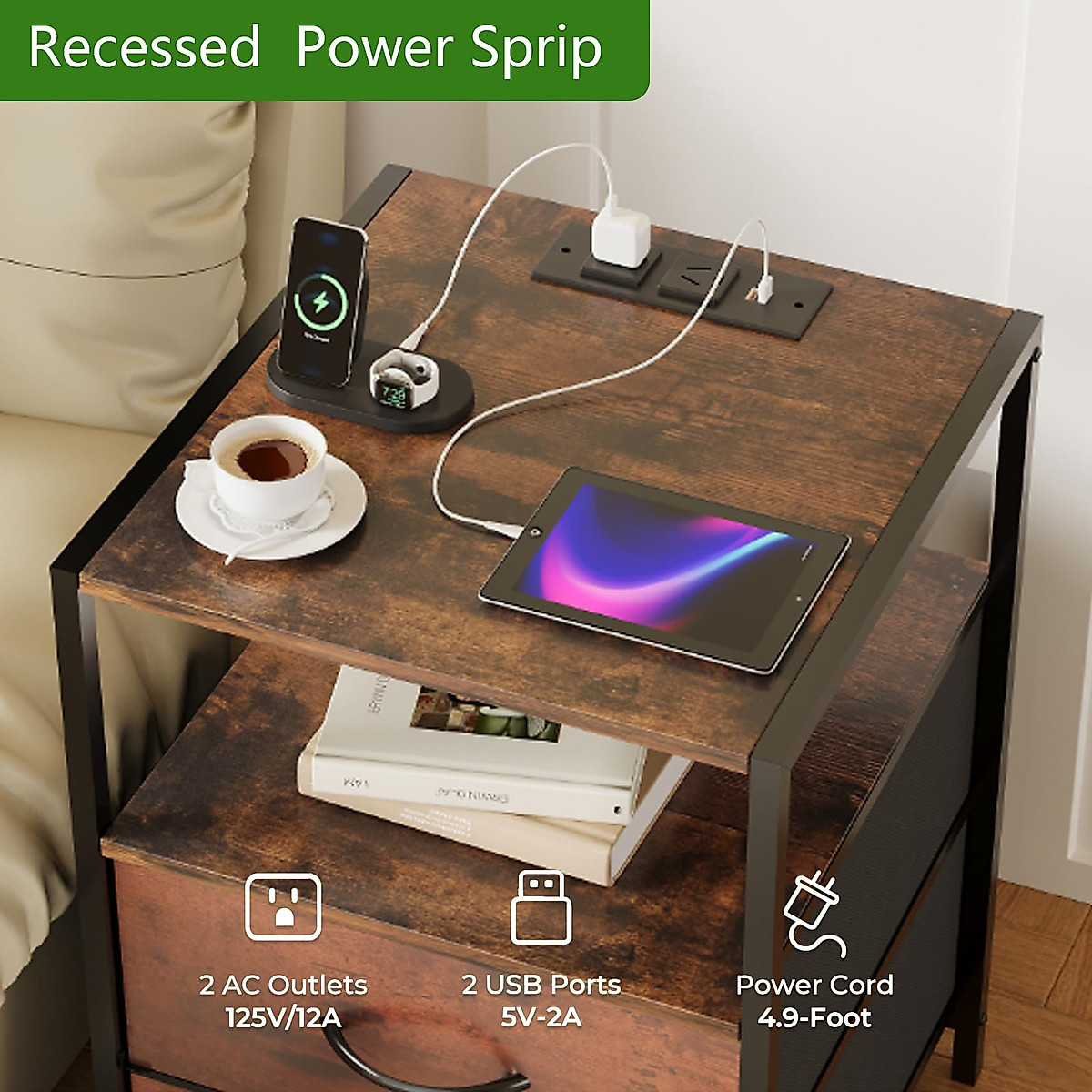 topfresh Brown Nightstand with Charging Station End Table Side Tables with USB Ports and Outlets Bedroom Nightstand with Fabric Drawers End Table with Open Shelf Modern Nightstand 1pcs