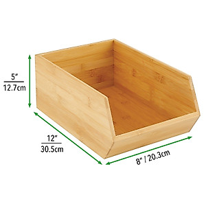 mDesign Bamboo Stackable Food Storage Organization Bin Basket - Wide Open Front for Kitchen Cabinets, Pantry, Offices, Closets, Holds Snacks, Dry Goods, Packets, Spices, Teas - Natural Wood