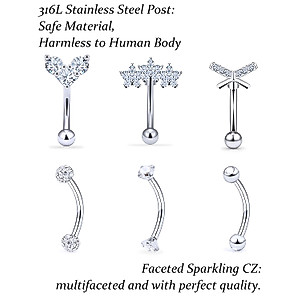 Vsnnsns 16G Rook Daith Piercing Jewelry Stainless Steel 8mm Curved Barbell Eyebrow Rings Cartilage Helix Tragus Belly Lip Rings CZ Piercing Jewelry Daith Rook Earrings for Women Men 12pcs Silve