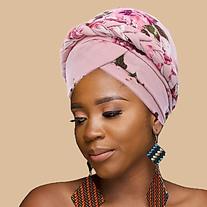 Woeoe African Turban Head Wrap Pink Pattern Head Scarf Soft Flower Print Head Cover Cap Headwear for Women and Girls(Pack of 2)