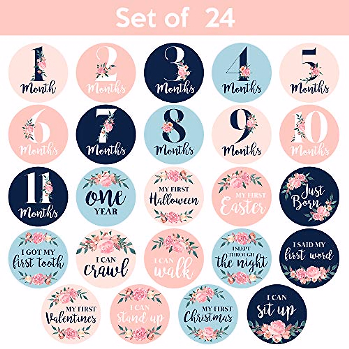Baby Monthly Stickers | Floral Baby Milestone Stickers | Newborn Girl Stickers | Month Stickers for Baby Girl | Baby Girl Stickers | Newborn Monthly Milestone Stickers (Set of 24)
