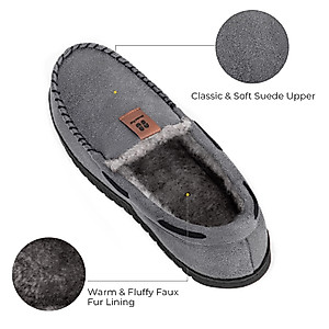 HomeTop Men's Moccasin Slippers Soft Faux Suede Plush Warm Lining Memory Foam Indoor House Shoes with Anti-Skid Sole (9, Grey)