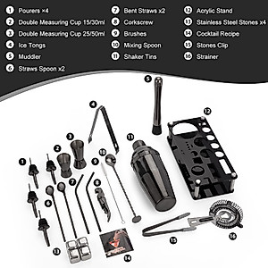 23 Piece Cocktail Shaker Set Bartender Kit with Acrylic Stand & Cocktail Recipes Booklet, Professional Bar Tools for Drink Mixing, Home, Bar, Party (Include 4 Whiskey Stones) - Black
