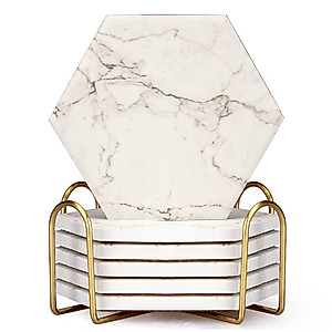 6 Pcs Cute Marble Absorbent Coaster Set with Holder Hexagon Drink Coasters Modern White Ceramic Thirstystone Coasters Cup Wine Coaster Table Bar Coasters Stone Coasters