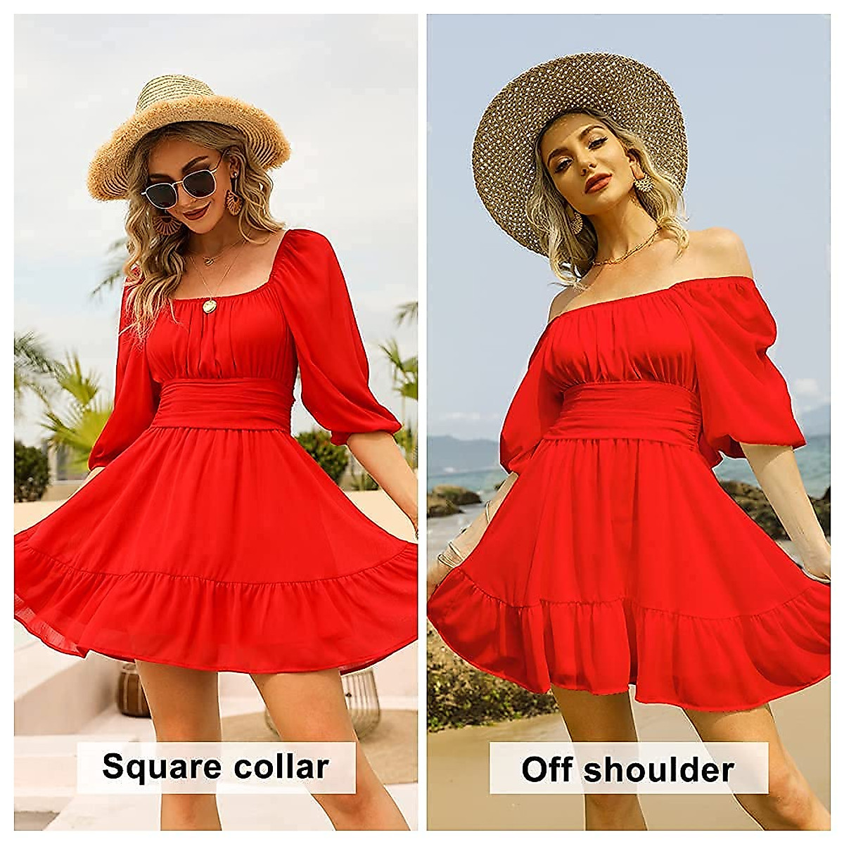 EXLURA Women's Casual Lantern Sleeve Tie Back Dress Ruffle Square Neck A-Line Fairy Fall Dresses Red