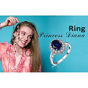 JewelryPalace Princess Diana Kate Middleton Class Gemstone Birthstone Blue Sapphire Halo Statement Engagement Rings for Women, Anniversary 14K Gold Plated 925 Sterling Silver Promise Rings for Her 7