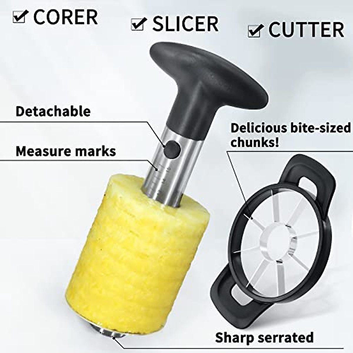 Newness Pineapple Corer and Slicer Tool, Durable Pineapple Core Remover with Upgraded Cutter & Reinforced Thicker Blade, Stainless Steel Kitchen Fruit Gadget for Diced Pineapple Rings, Black Handle
