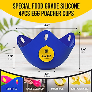 Silicone Egg Poaching Cups Easy 4pcs Release and Cleaning, Poached Egg Cup with Ring Standers for Eggs Benedict Set of Microwave Egg Poachers Silicone Pots Cooker Microwave Stove Top, Dishwasher Safe