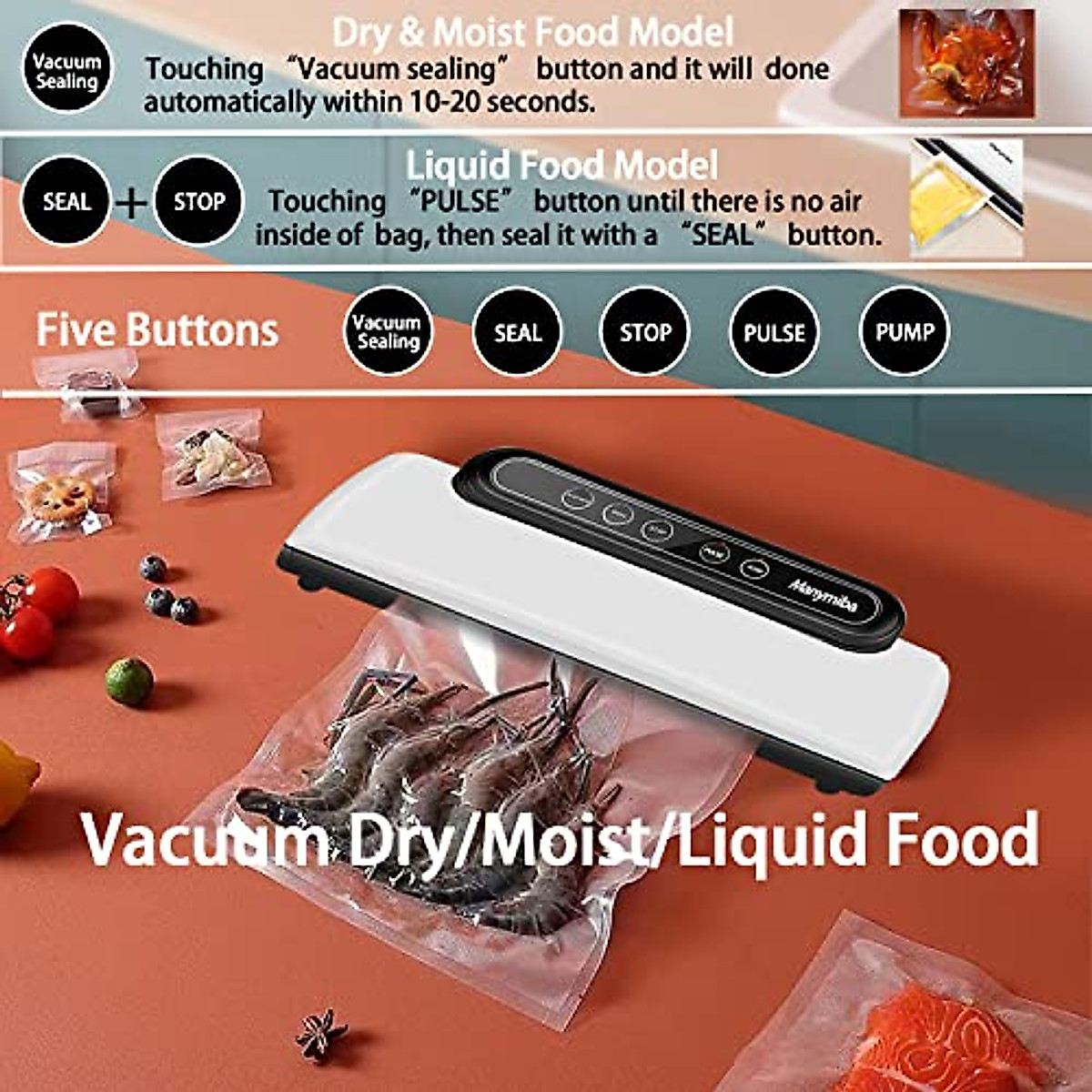 Vacuum sealer machine with 20pcs vacuum sealer bags, Manymiba 100W 60Kpa Powerful Dry/Moist/Liquid food saver vacuum sealer machine, food vacuum sealer machine, food sealer vacuum sealers