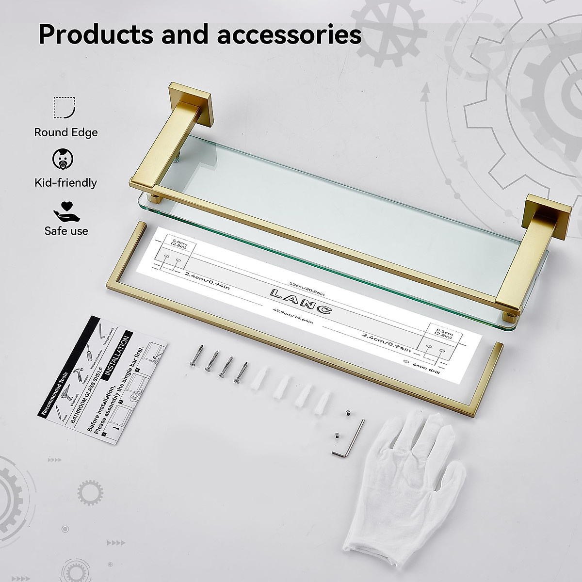 LANC Bathroom Shelves with Towel Bar 20 Inch Gold Floating Tempered Glass Shelf with Towel Rails for Shower Bath Kitchen Storage Rack Wall Mounted Rustproof Stainless Steel Brushed Gold，A7615BG