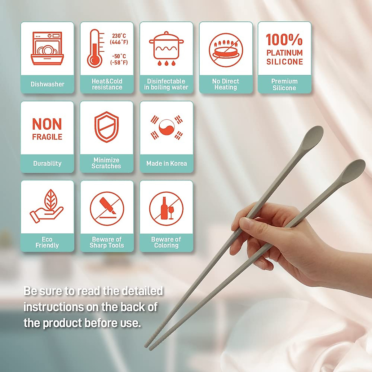 RECOHOME Reusable Long Silicone Cooking Chopsticks with Spoon 12 Inches Dishwasher Safe BPA-free Non-Slip Pastel Color Kitchen utensils Made in Korea (Pastel Grey)