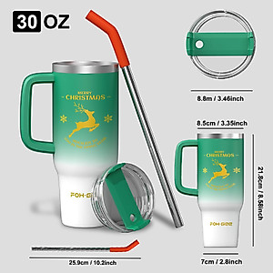 FOHGEE Christmas Style 30oz Stainless Steel Tumbler with Handle - Keep Drinks Cold & Hot All Season! (Green Reindeer)