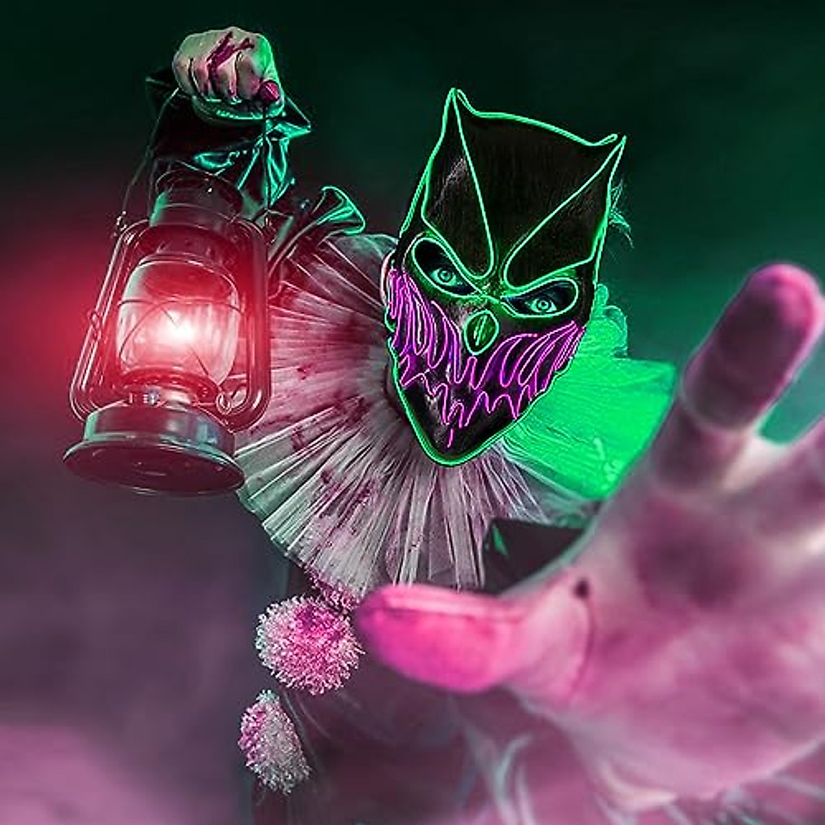 yalanle Halloween Mask LED Light Up Scary Mask Purge Mask with EL Wire 3 Flashing-Modes for Halloween Masquerade Party,Costume Cosplay,Gifts(Green & Pink)