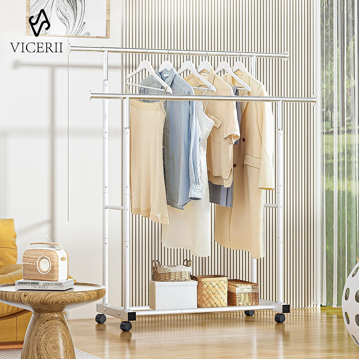 VICERII Double Clothing Rack, 55.51 Inch Garment Rack with Wheels and Bottom Shelf, 130LB Capacity Heavy Duty Rolling Clothes Racks for Hanging Clothes, Coats, Shirts, Sweaters, Skirts, White