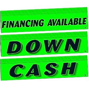 Versa Tags Windshield Slogan Stickers 12 Pack of FINANCING Available Stickers 12 Pack of Down Slogans 12 Pack of Cash Window Stickers (36) Dealership Stickers Black On Green