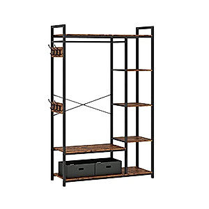 Free Standing Closet Organizer with Storage Box & Side Hook, Portable Garment Rack with 6 Heavy Duty Shelves and Hanging Rod, Black Metal Frame Hanging Closet Shelves - Rustic Brown