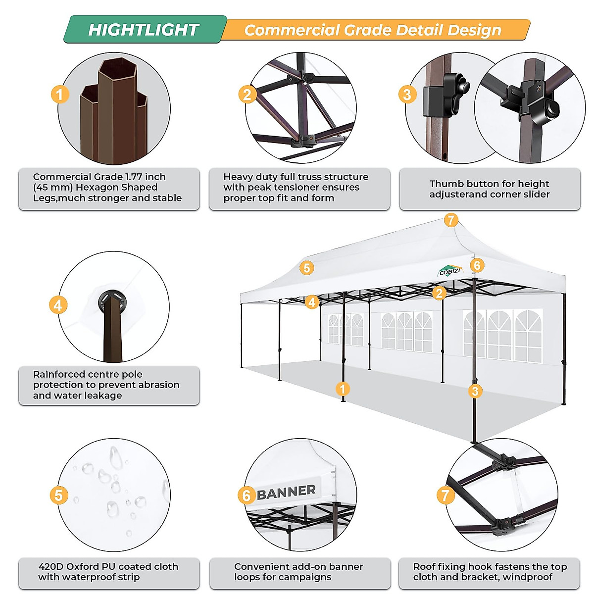 COBIZI Heavy Duty 10x30 Party Tent, Commercial 10x30 pop up canopy for Parties Waterproof Gazebos with 8 Sidewalls, All Season Wind & Waterproof UPF50+,Stable Thickened Frame