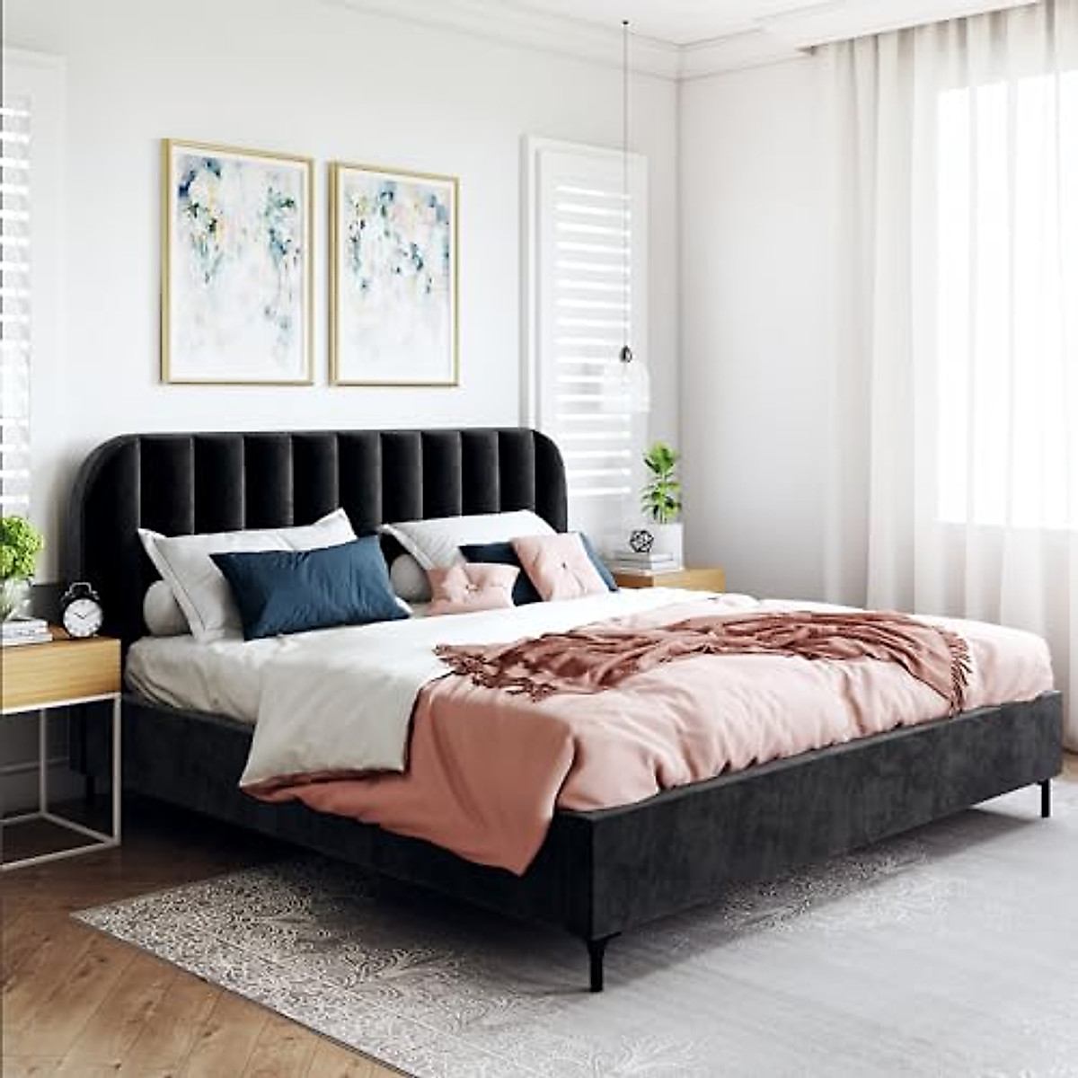 DHP Camilla Upholstered Platform Bed with Luxe Vertical Channel Tufted Headboard, No Box Spring Needed, King, Black Velvet