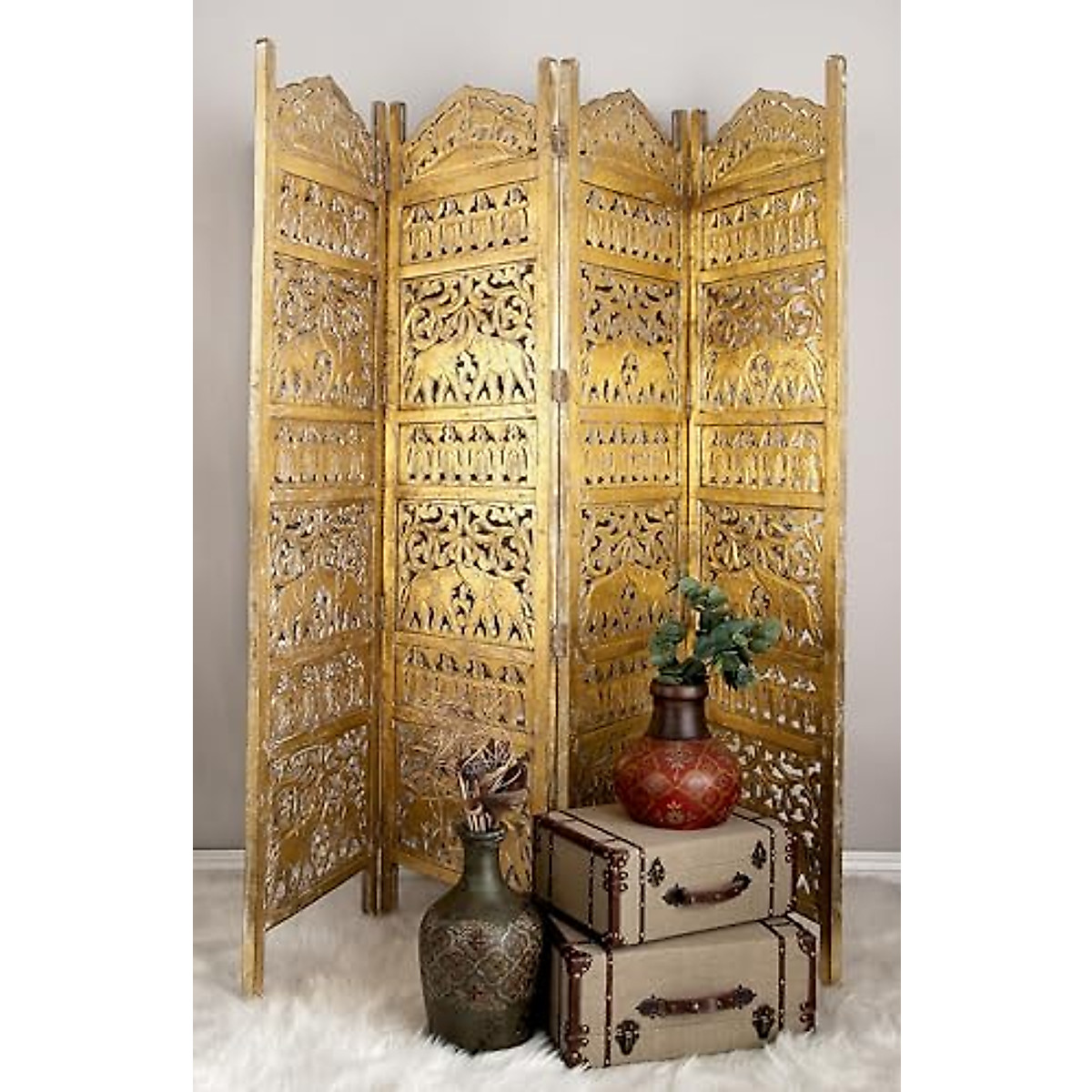 Deco 79 Wooden Scroll Handmade Partition Room Divider Screen Hinged Foldable Partition 4 Panel Privacy Screen with Carved Elephant Accents, Room Partition 80" x 1" x 72", Gold